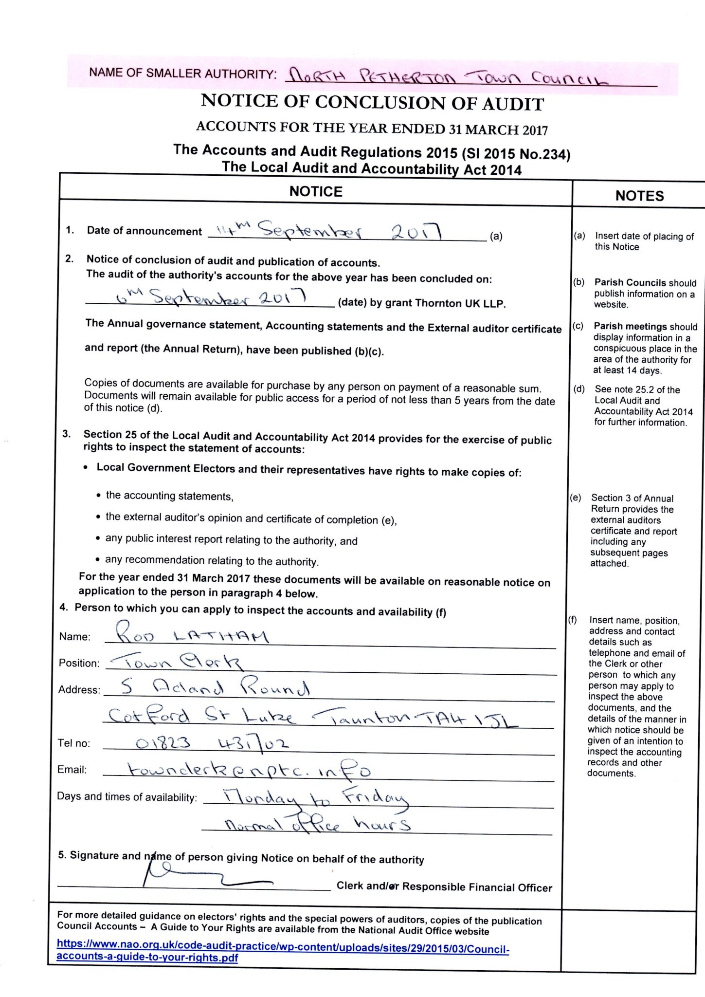 Audit completed - North Petherton Town Council